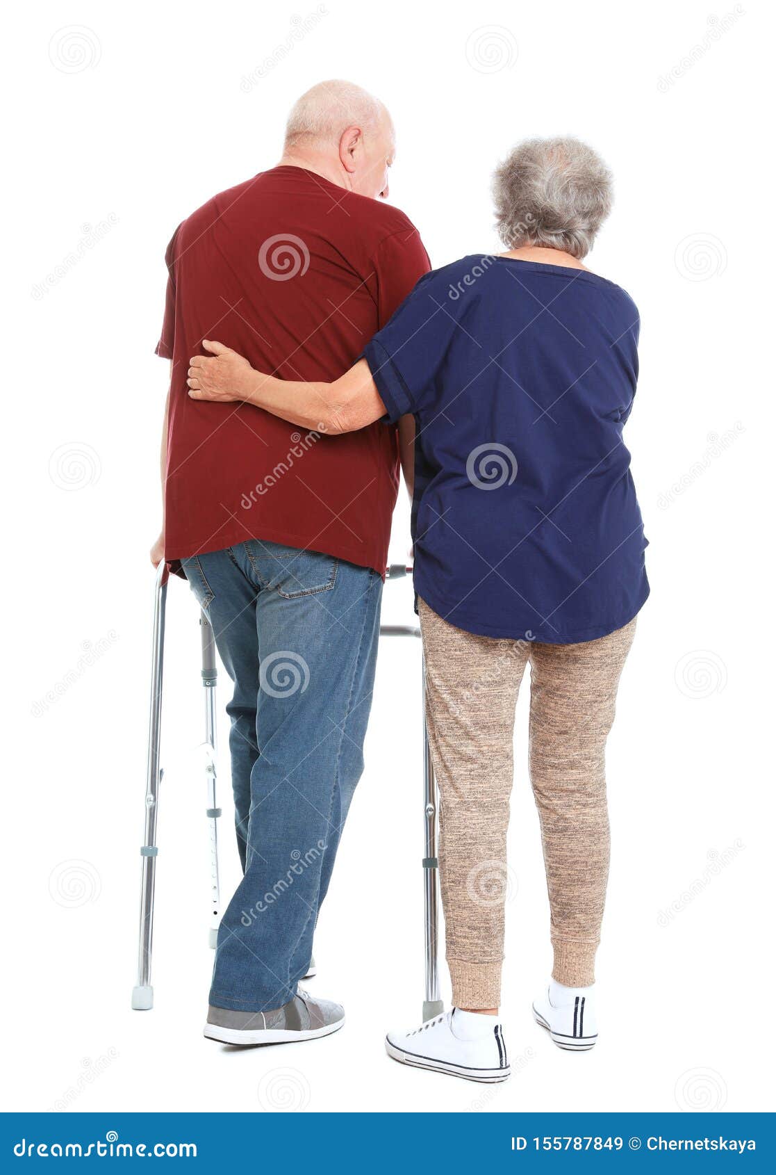 Elderly Woman Helping Her Husband with Walking Frame on White Stock ...