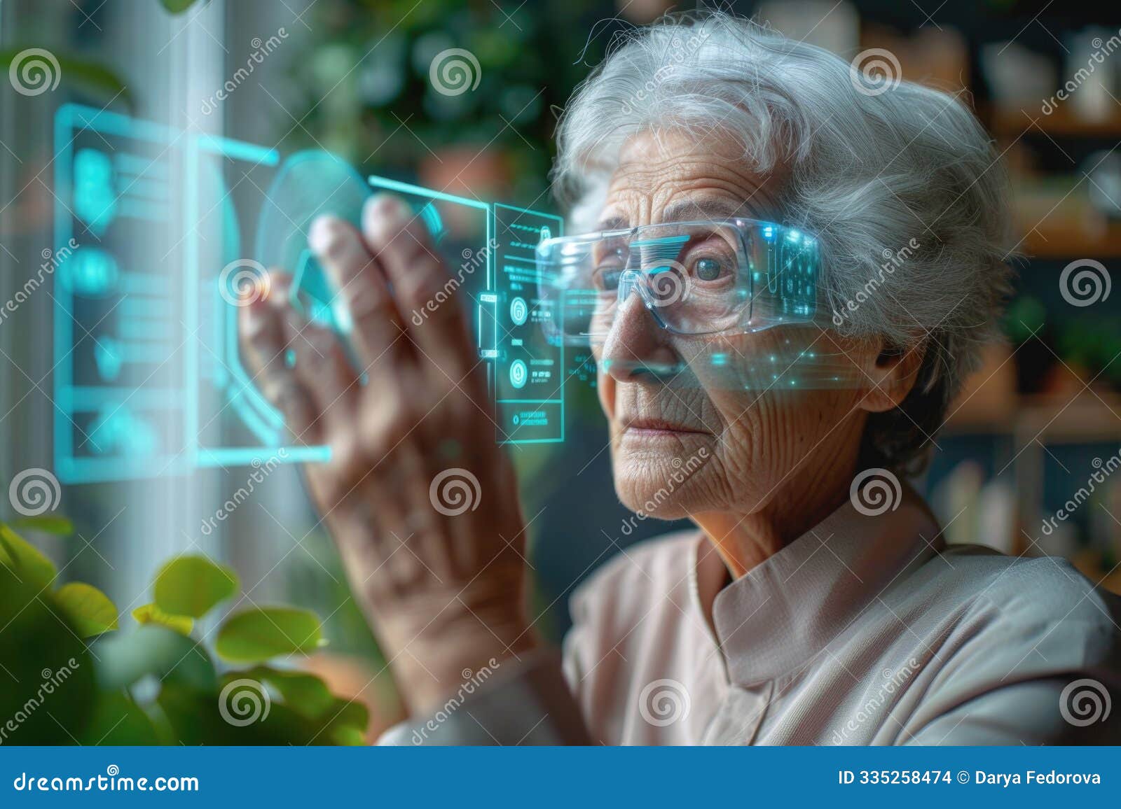 Elderly Woman Interacting with Futuristic Touchscreen Technology in a ...