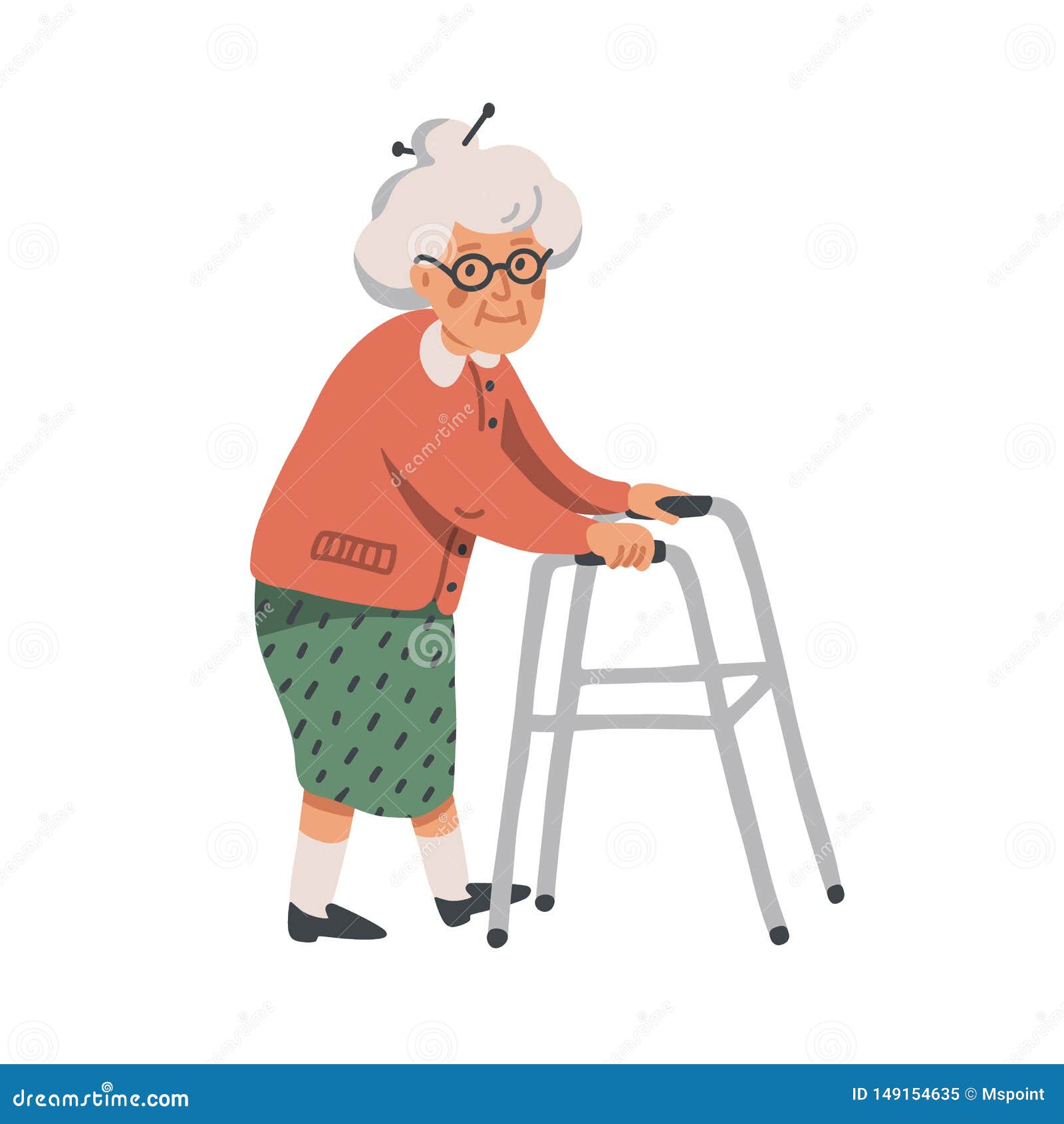 Elderly Woman Old Lady Character With Paddle Walker On White