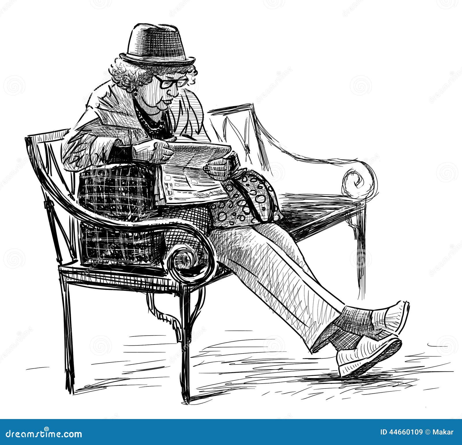 Elderly Woman on the Park Bench Stock Vector - Illustration of hand ...