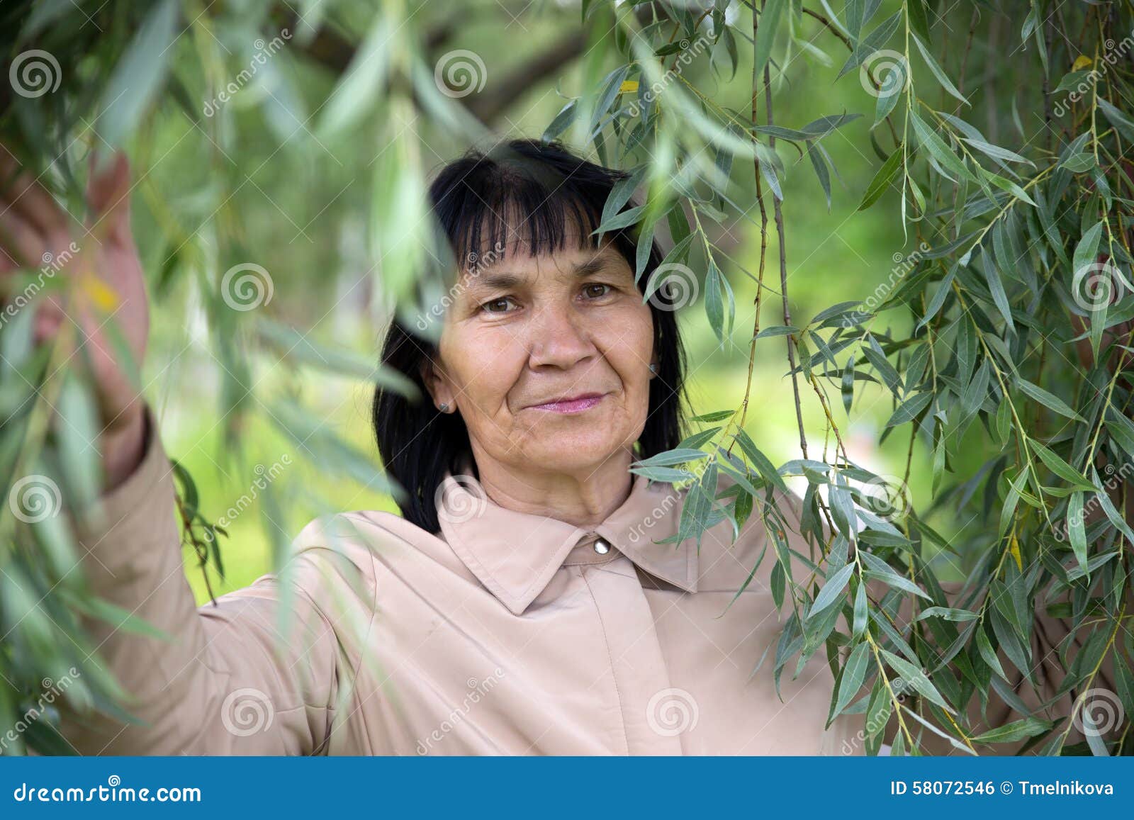 Elderly Woman Under Green Willow Tree Stock Photo - Image of happy ...
