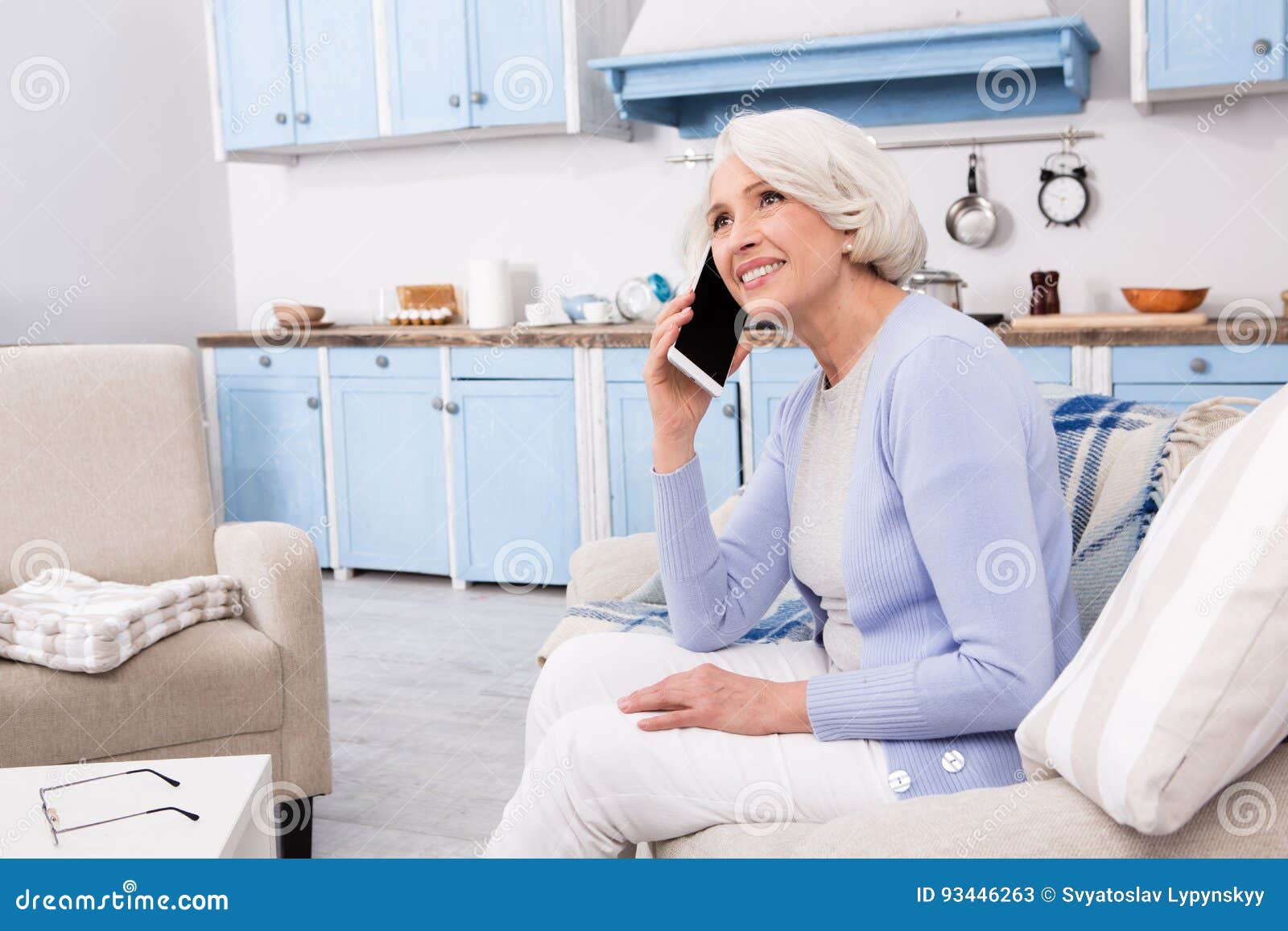Elderly Woman Using Mobile Phone at Home Stock Image - Image of home ...