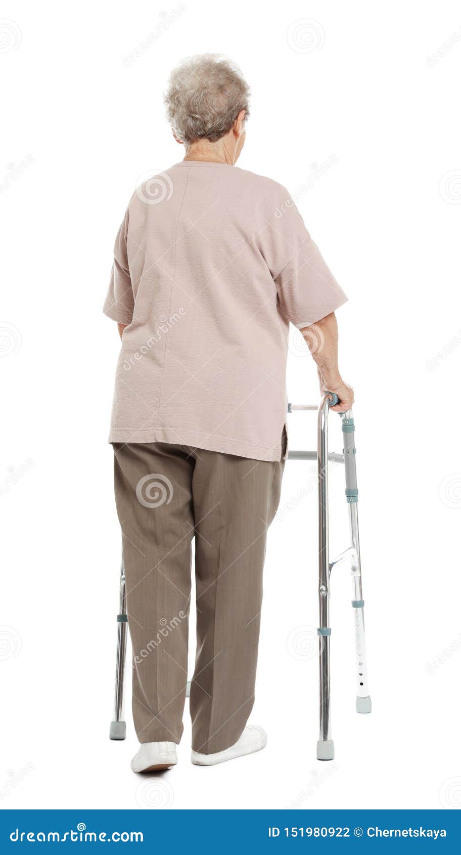 Elderly Woman Using Walking Frame Isolated on White Stock Photo - Image ...
