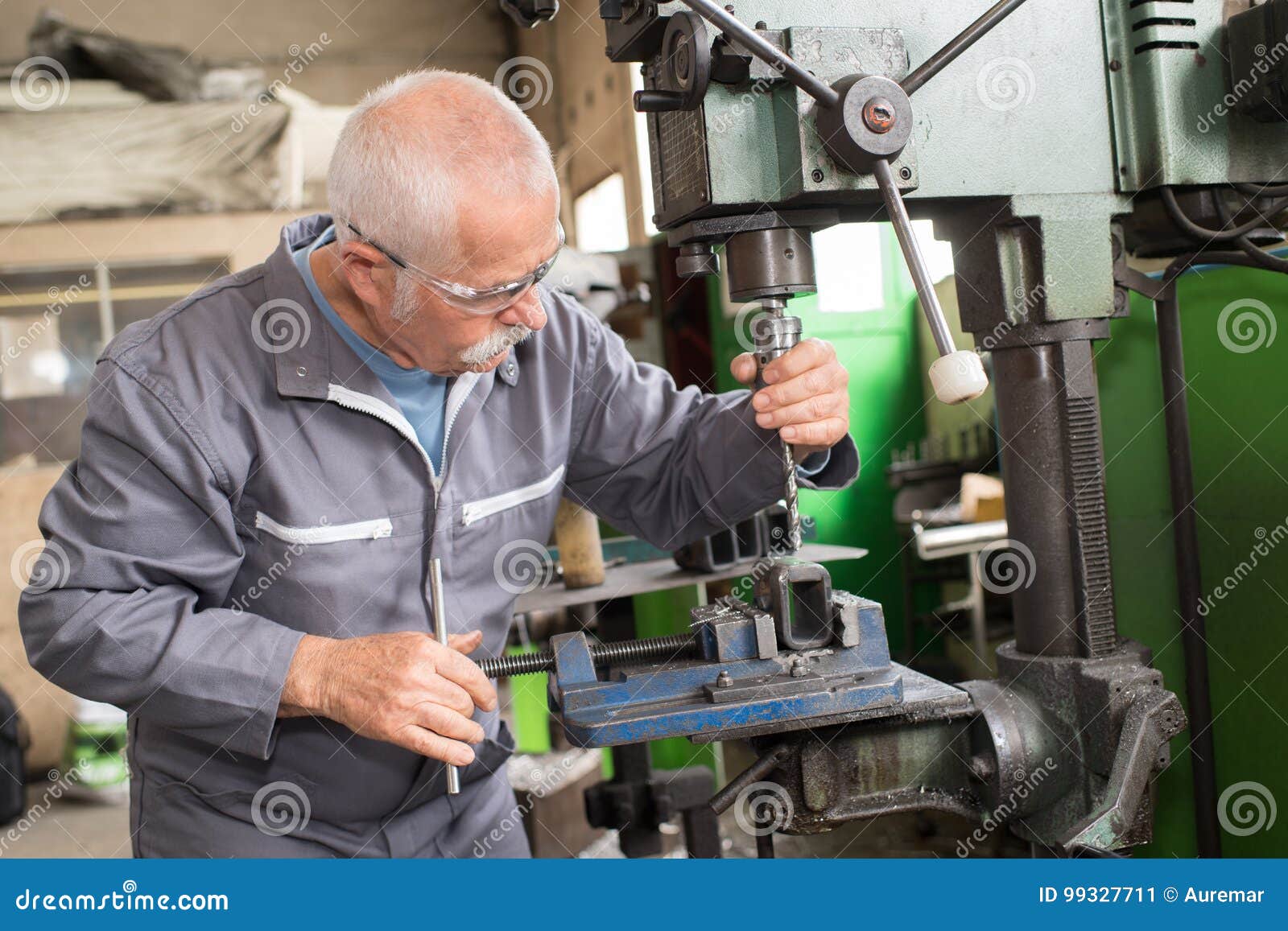 Elderly Worker Watches Processing Detail on Milling Machine Stock Image ...