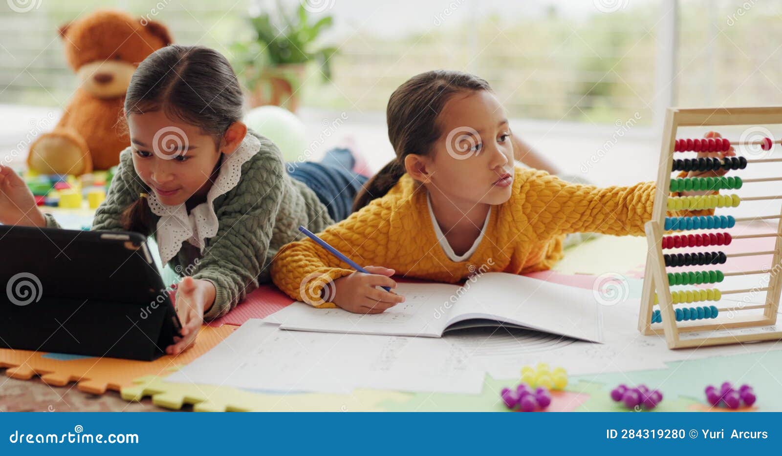 Elearning, Children with Homework and Tablet in Apartment for ...