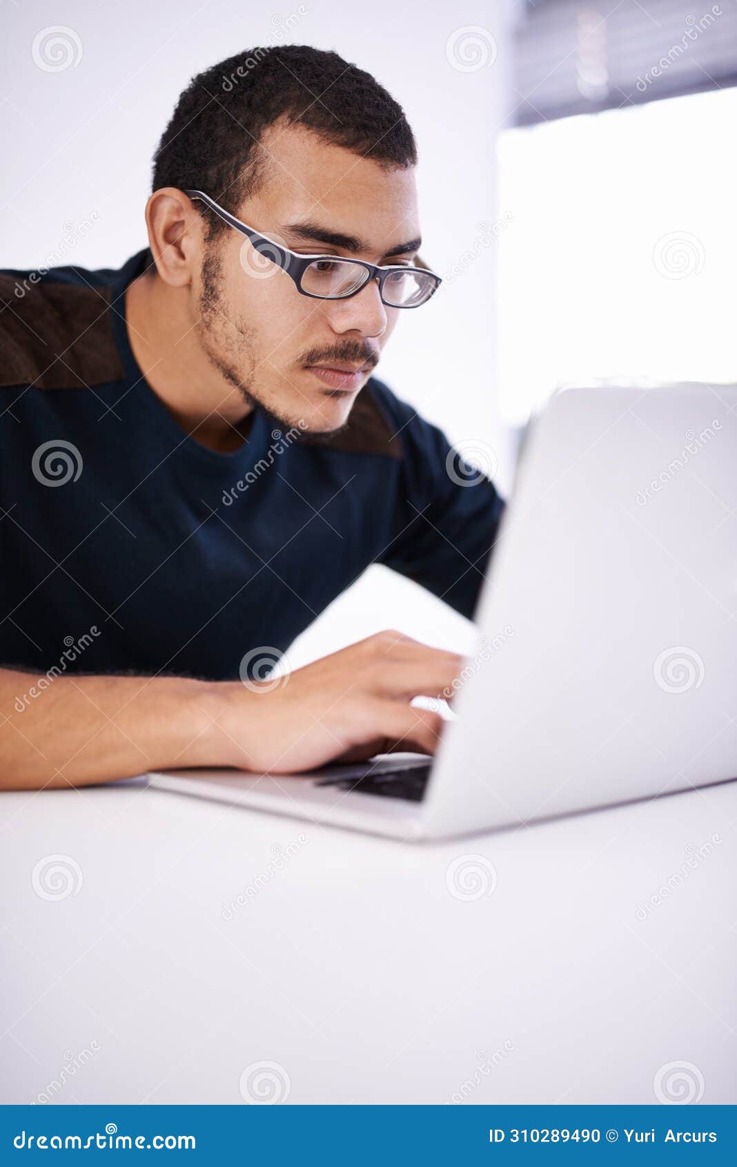 Elearning, Glasses and Man Typing on Laptop for Research, Study or ...