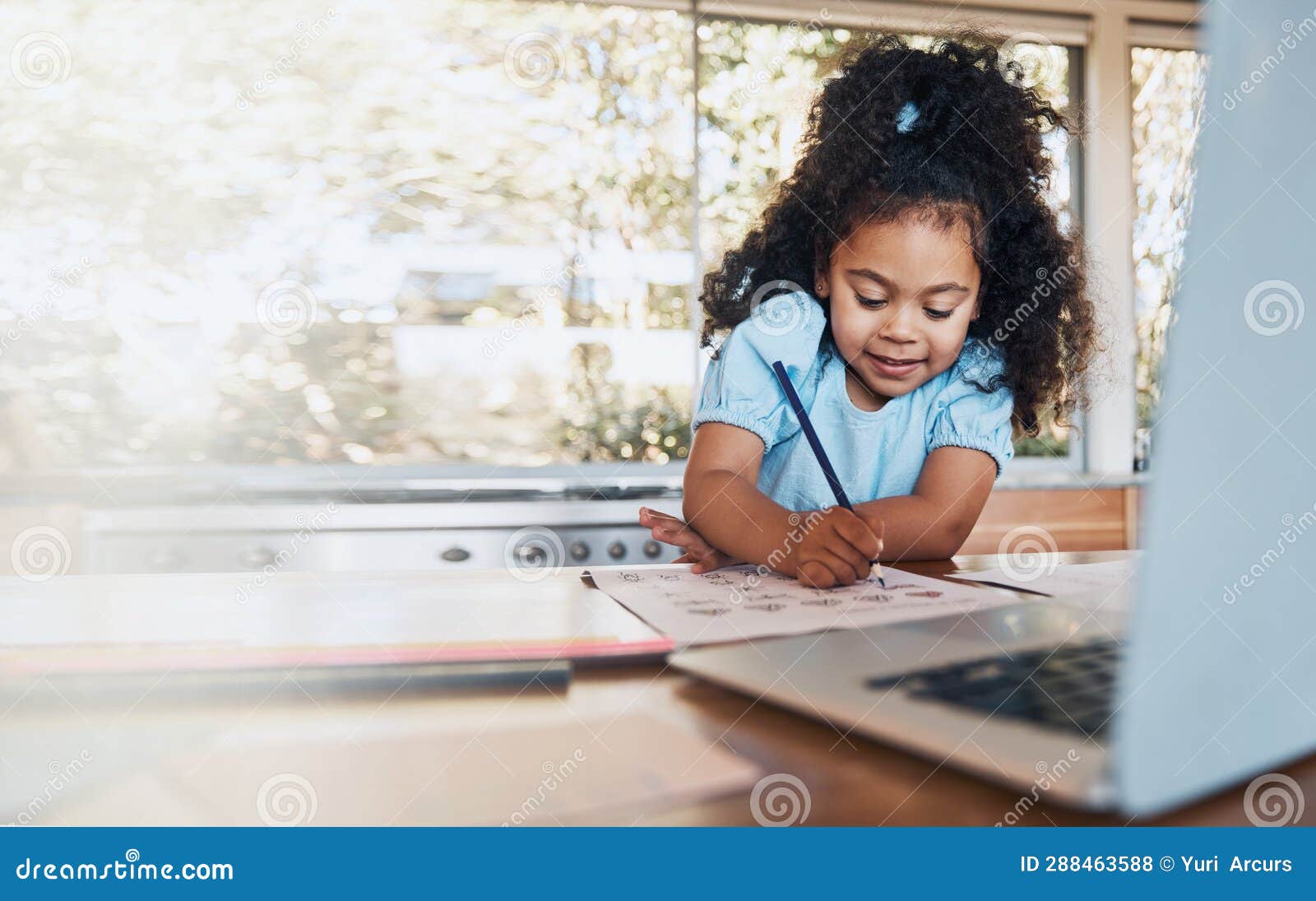 Elearning, Laptop and Child with Notebook in Kitchen, Learning and ...