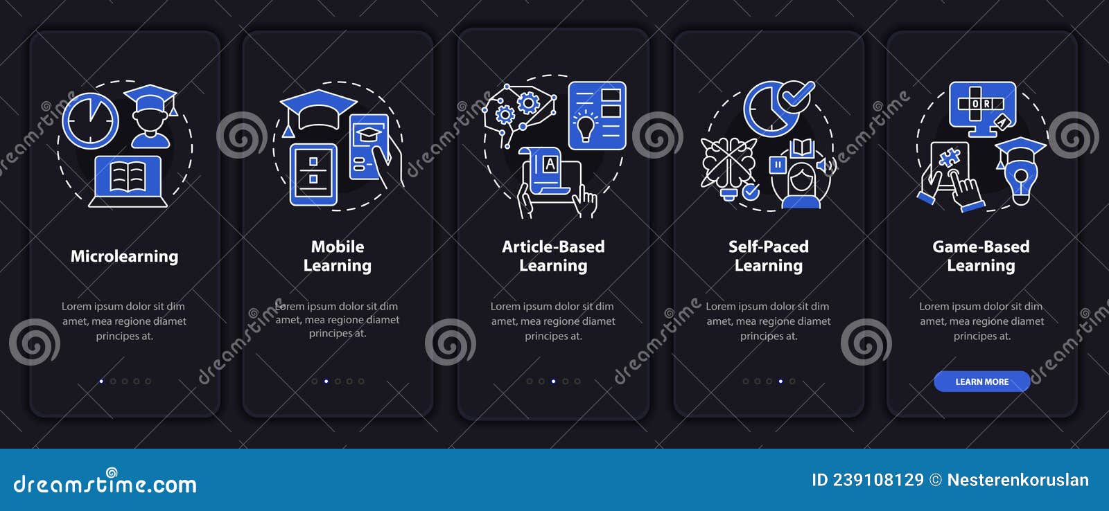 Elearning Methods Night Mode Onboarding Mobile App Screen Stock Vector ...