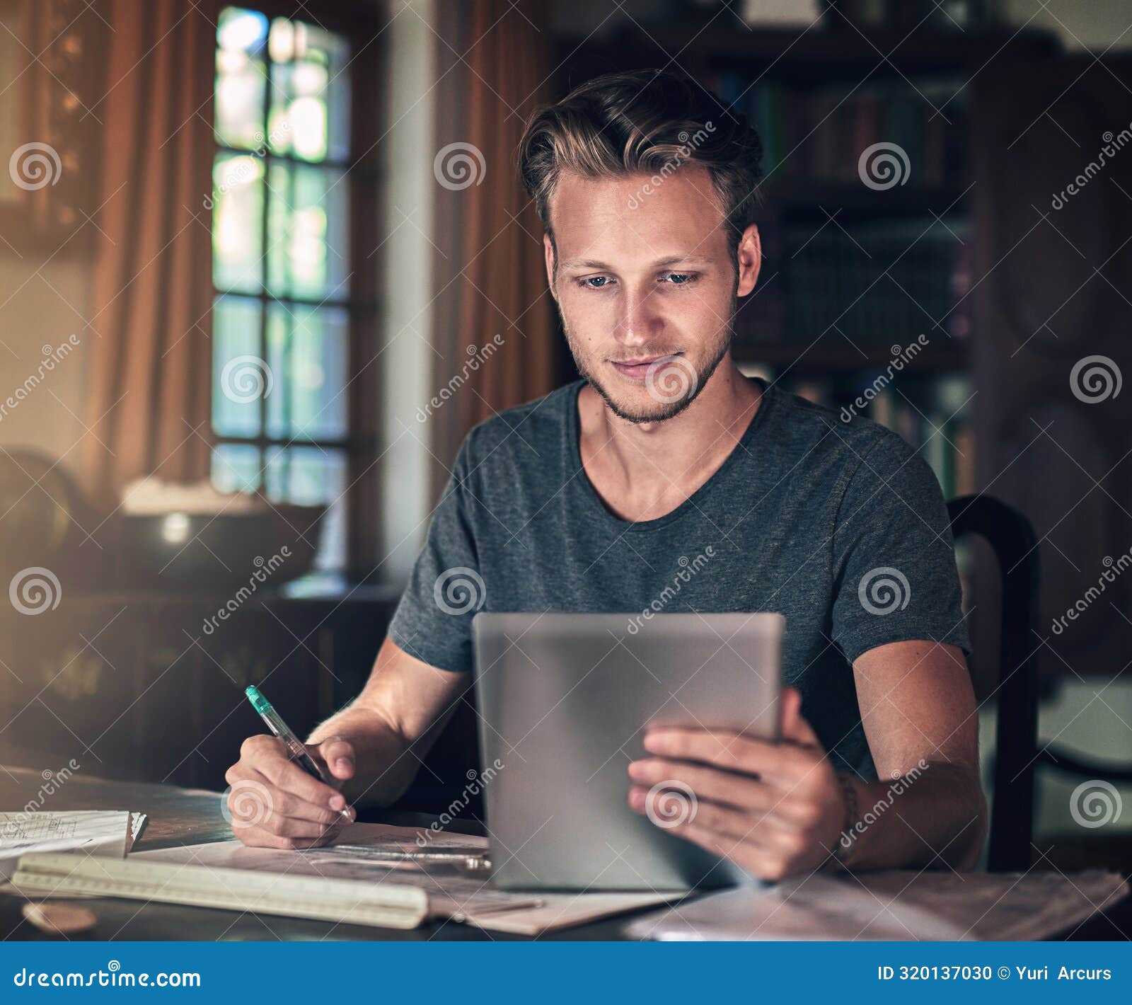 Elearning, Paper or Man with Tablet in Home Office for Planning ...