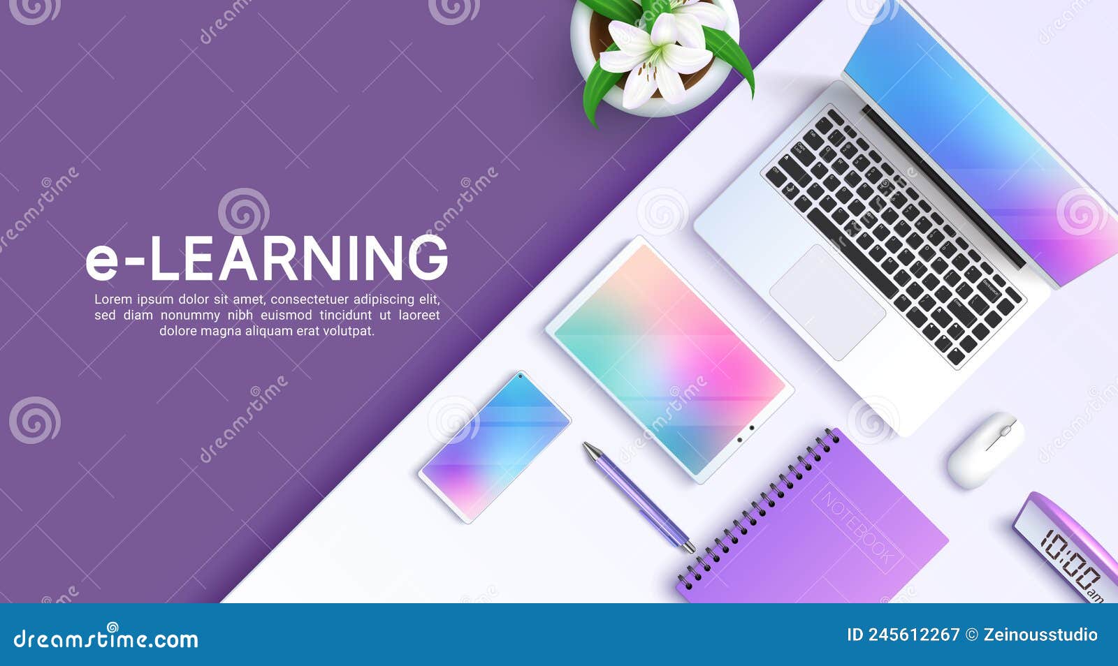 Elearning Vector Concept Design. E-learning Text in Purple Background ...