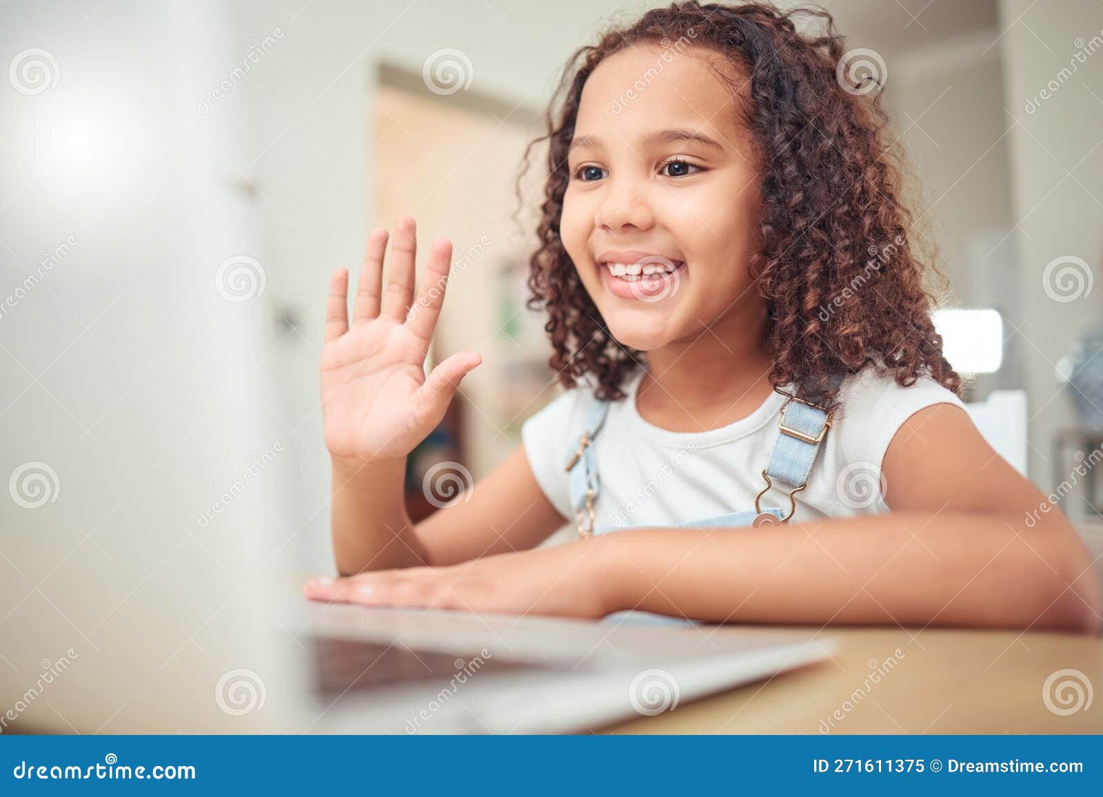 Elearning, Video Call and Child with Laptop in Online Class Wave Hello ...