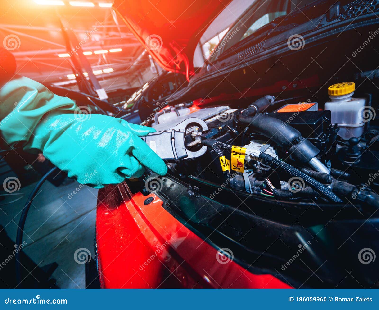 Electic Car with Open Hood. Details of Electric Car Engine Stock Photo ...