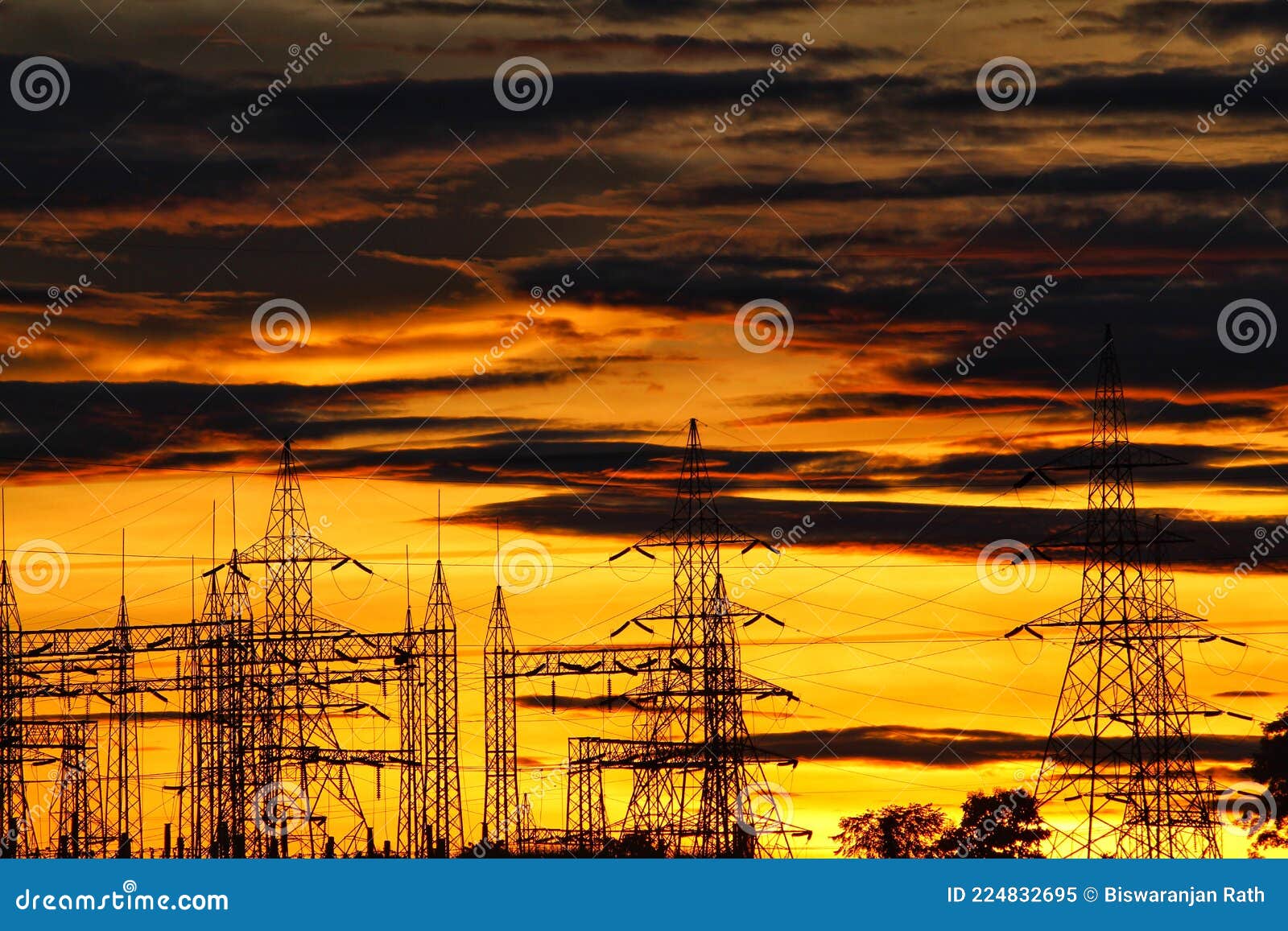 Electric Grid Power Station in Nice Orange Sky Backlit Background Stock ...