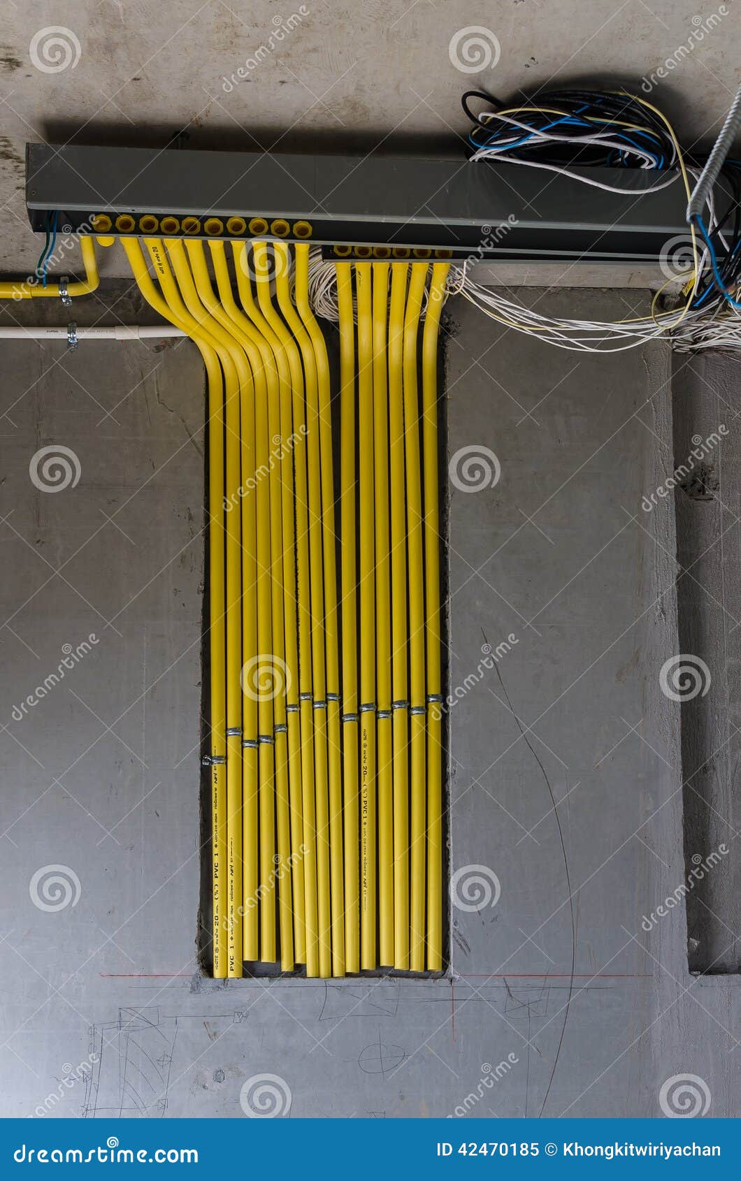 Electical System on Wall with Pvc Pipes Stock Image - Image of cable ...