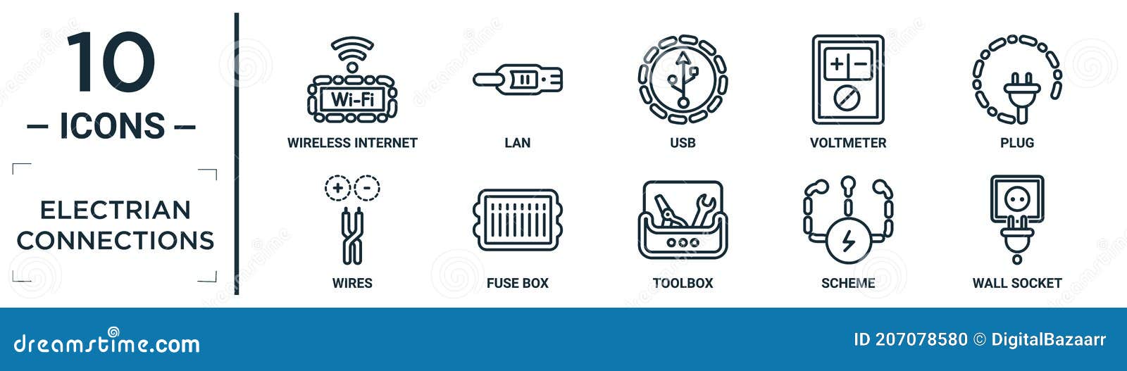 Electrian.connections Linear Icon Set. Includes Thin Line Wireless ...