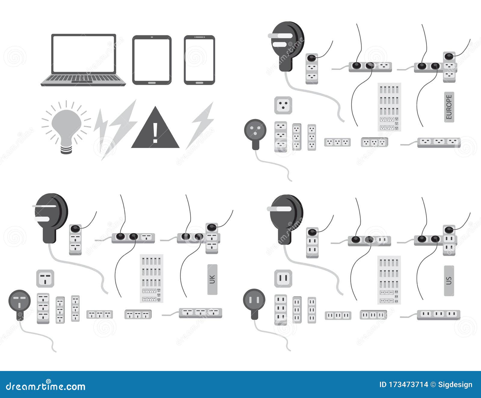 Set of Black Gray Electricity Icons on White Background Stock Vector ...