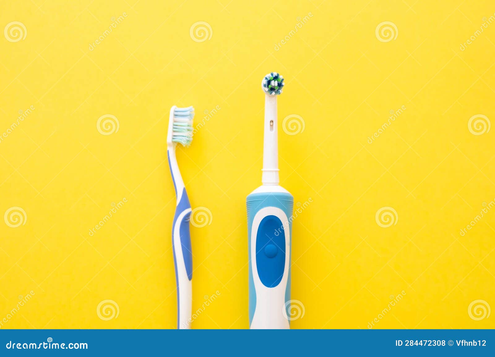 Electric and Analog Toothbrush in Blue on a Yellow Background Stock ...