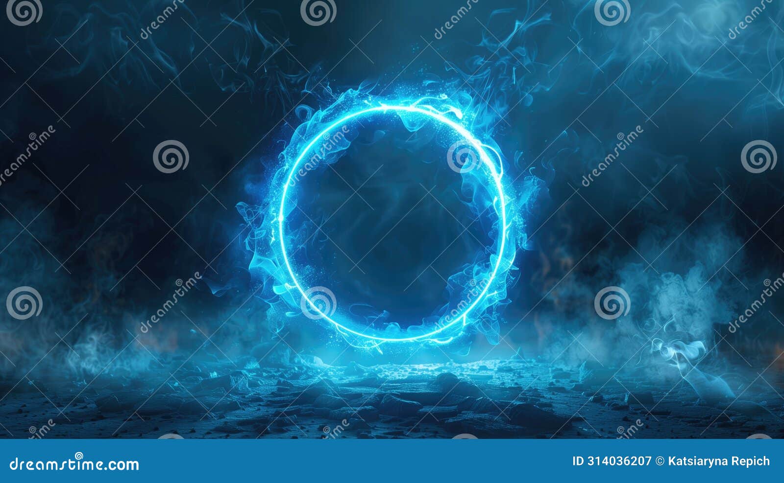 An Electric Blue Circle of Fire in Space, Surrounded by Darkness Stock ...