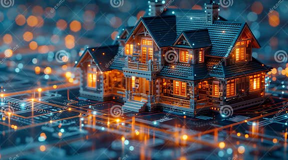 Electric Blue Model House With Lights On Table In Urban Design Setting Stock Image Image Of