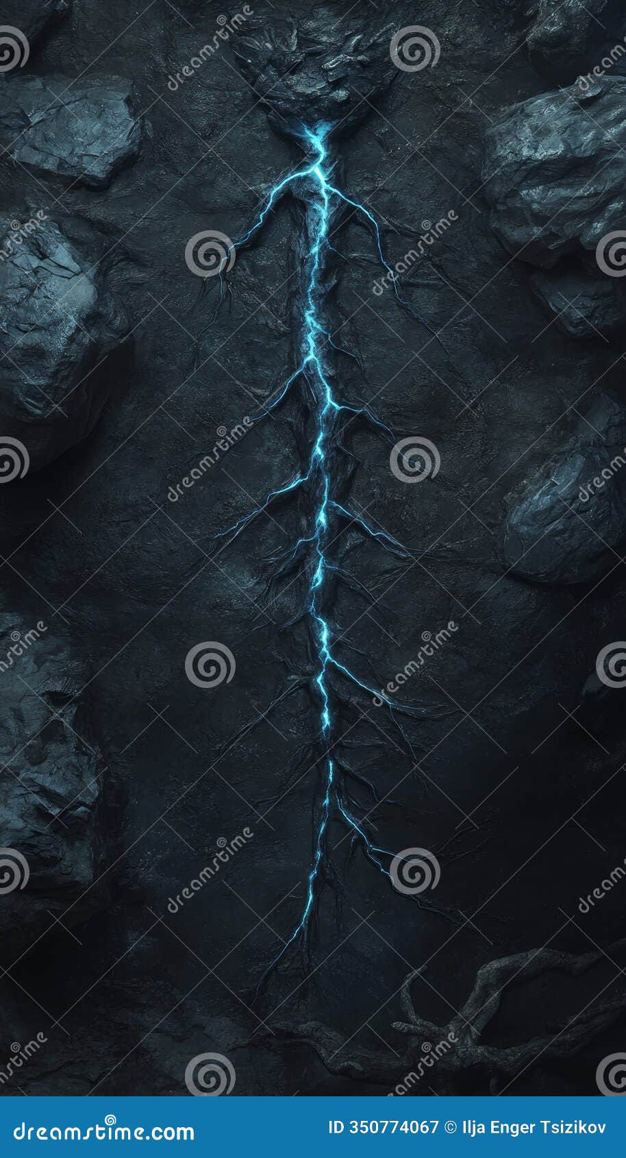 Electric Blue Tendrils of Lightning Forked Across a Dark Stone Texture Background, 3D Render ...
