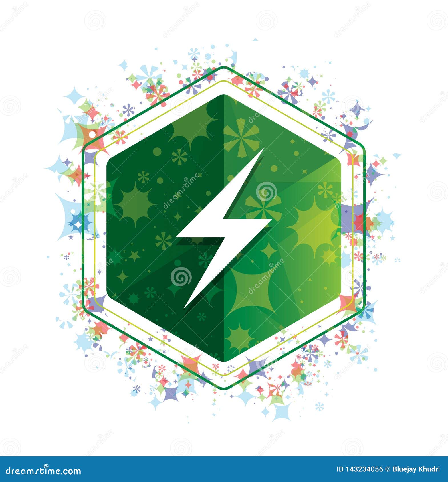 Electric Bolt Icon Floral Plants Pattern Green Hexagon Button Stock ...