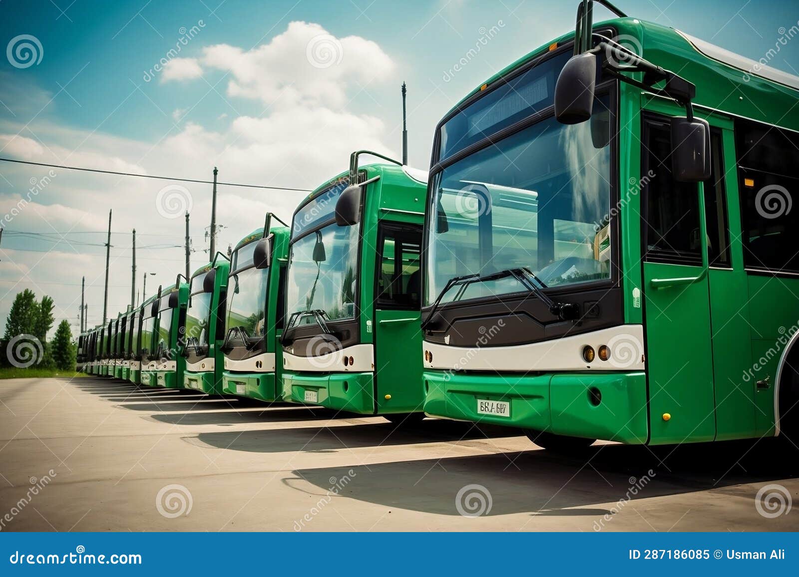 Electric Buses Lined Up in Green Color. AI Stock Illustration ...