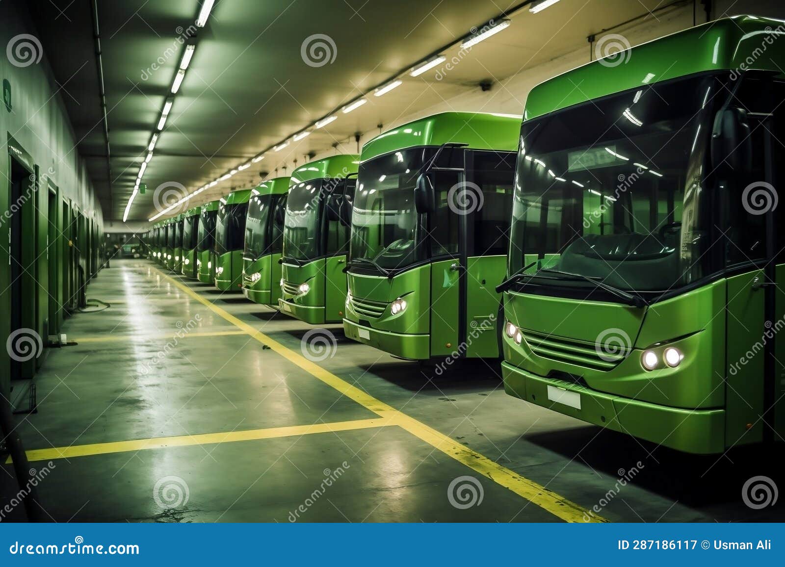 Electric Buses Lined Up in Green Color. AI Stock Illustration ...