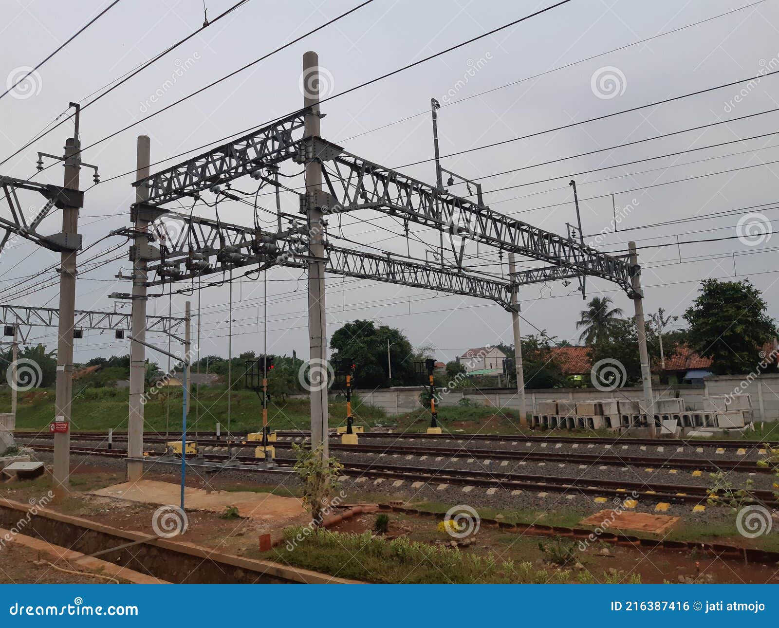 Electric Cable Support Pole Above the Railroad Tracks Stock Photo ...