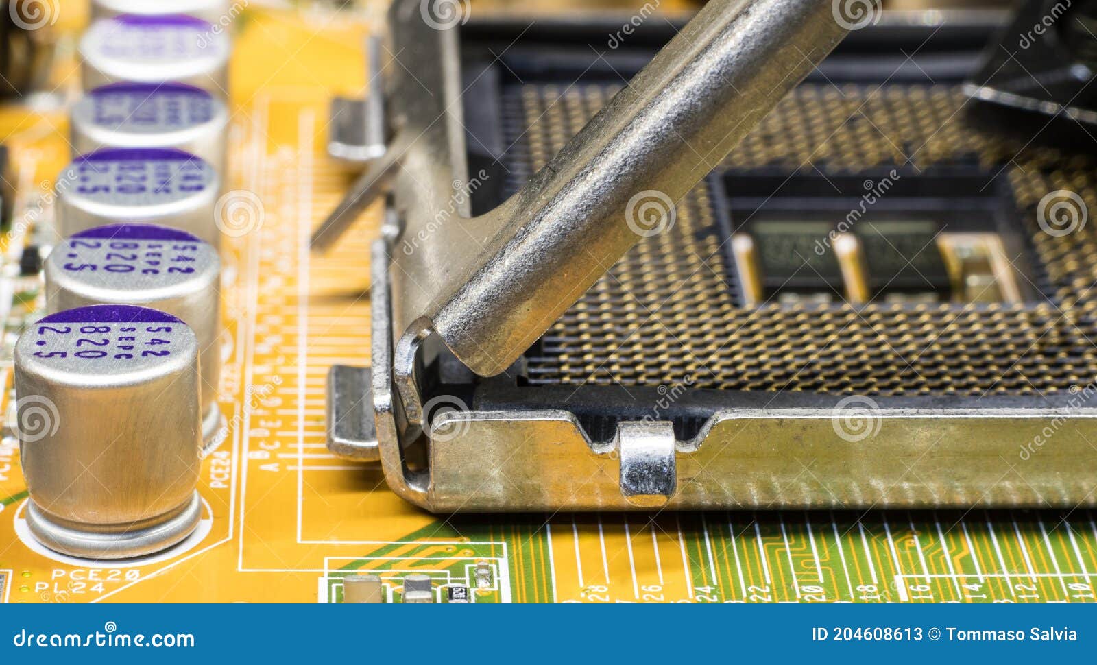 Electric Capacitors and a Socket for a Motherboard Processor. Stock ...