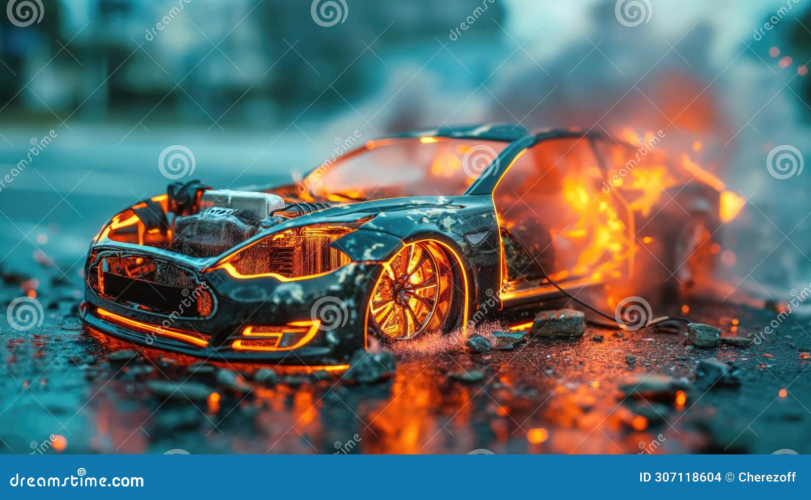 Electric Car Battery is on Fire Stock Photo - Image of automobile ...