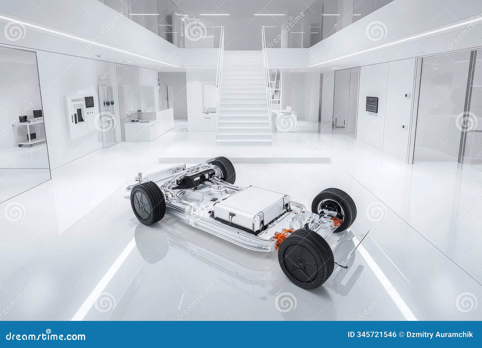 The Electric Car with the Battery Pack Module is on a Platform in the ...