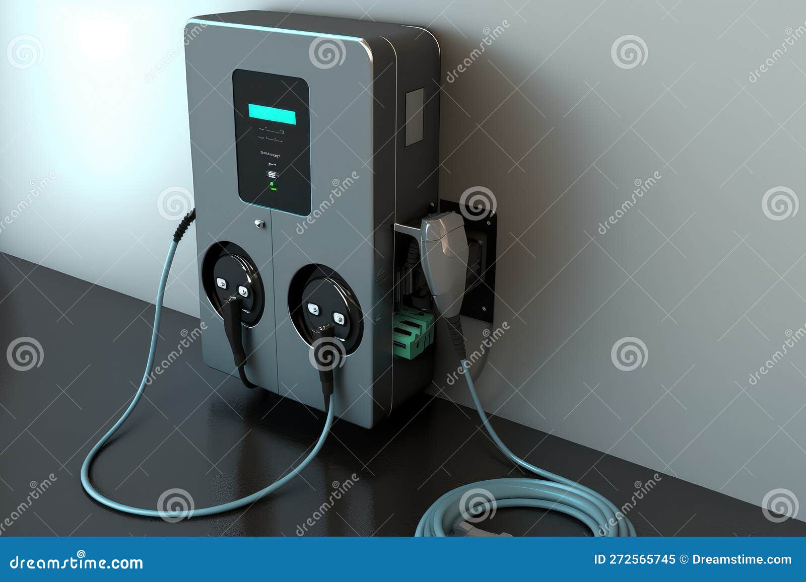 Electric Car Charging Station with Charging Cables and Plug Visible ...