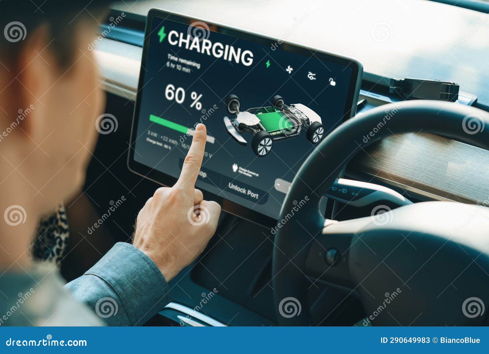 Electric Car Driver Checks Battery Charging Status App Screen in Car ...