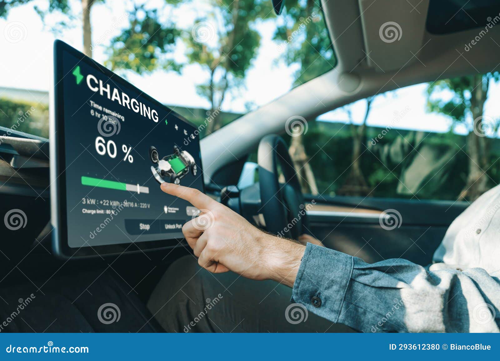 Electric Car Driver Checks Battery Charging Status App Screen in Car ...