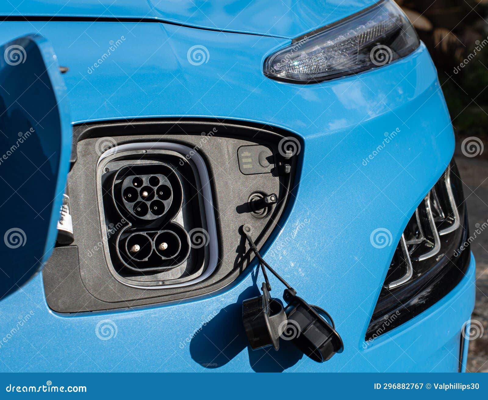 Electric Car E-car Type 2 CCS Charge Socket on Front of Bright Blue ...