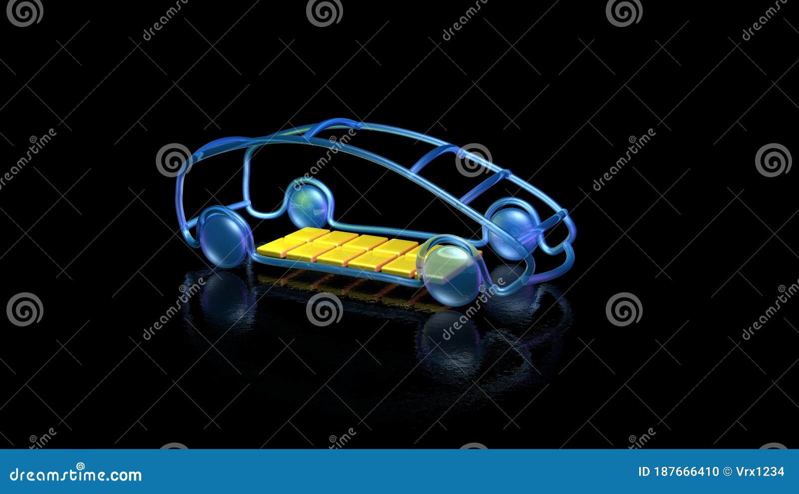Electric Car with Glowing Battery Array . View 1. 3d Rendering ...