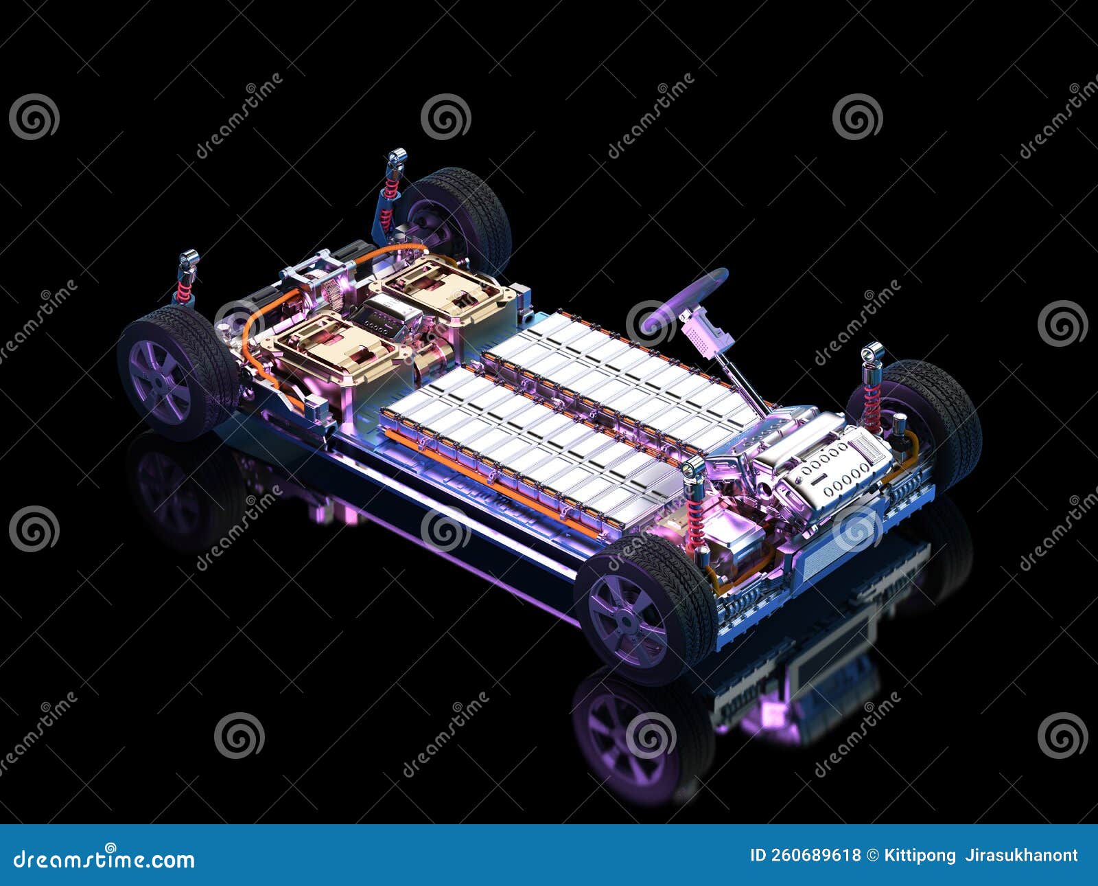 Electric Car with Pack of Battery Cells Module on Platform Stock ...
