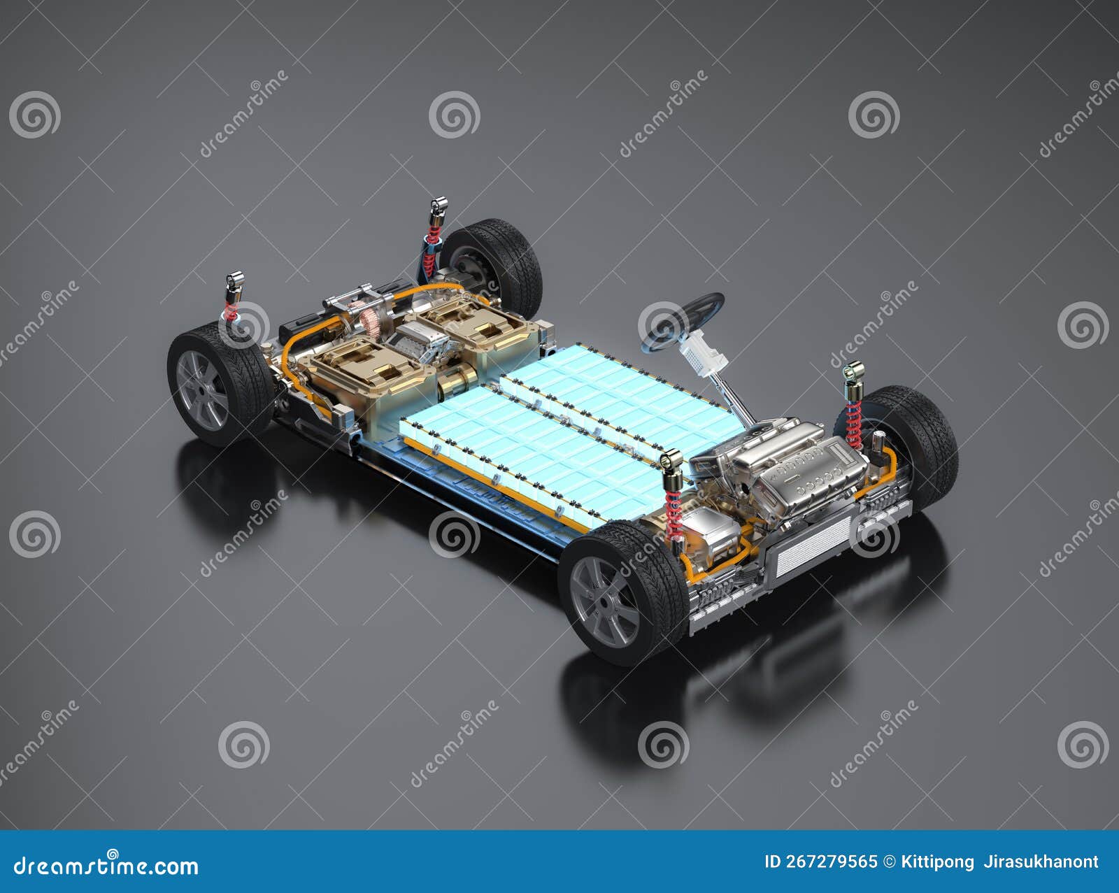 Electric Car with Pack of Battery Cells Module on Platform Stock ...
