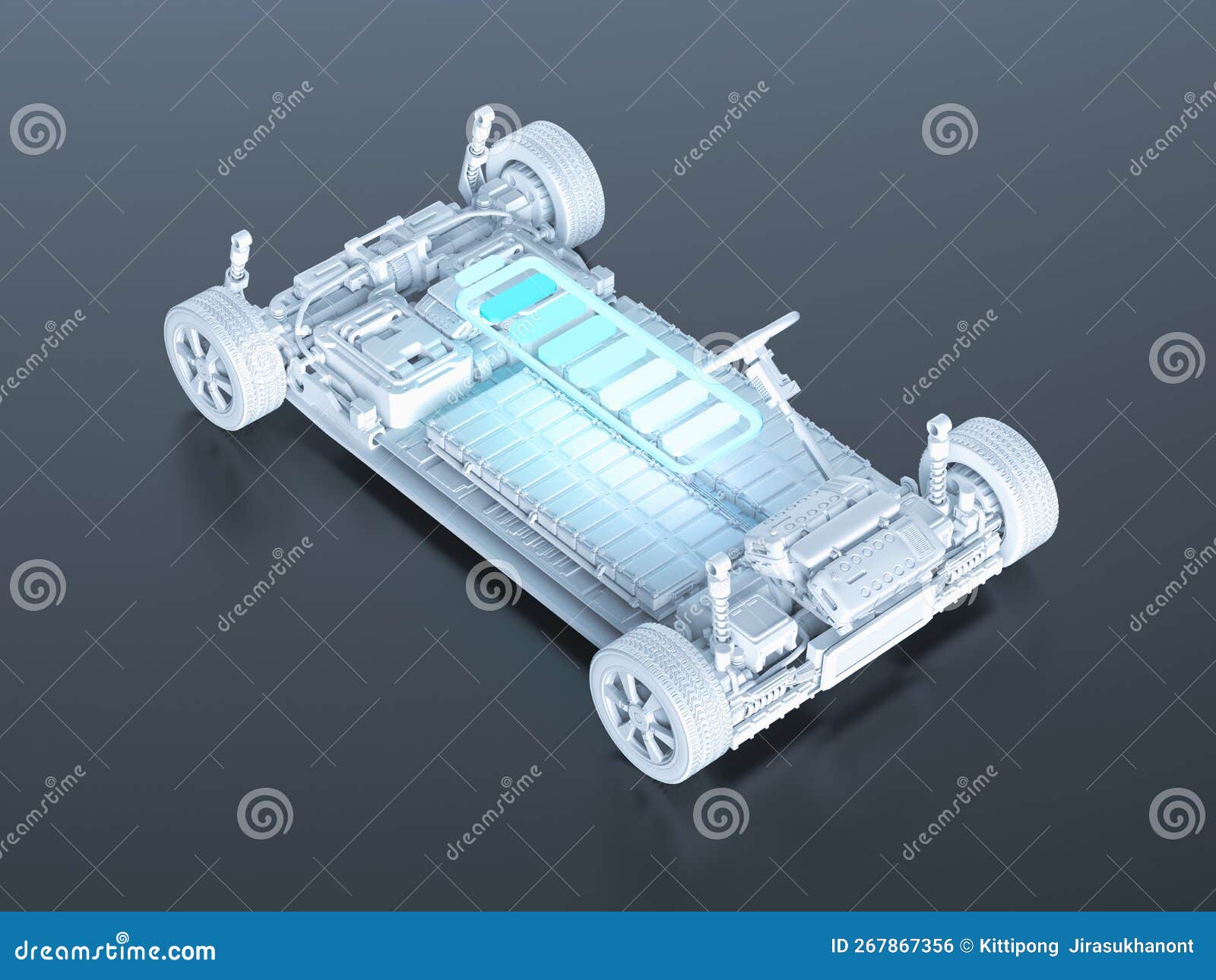 Electric Car with Pack of Battery Cells Module on Platform Stock ...
