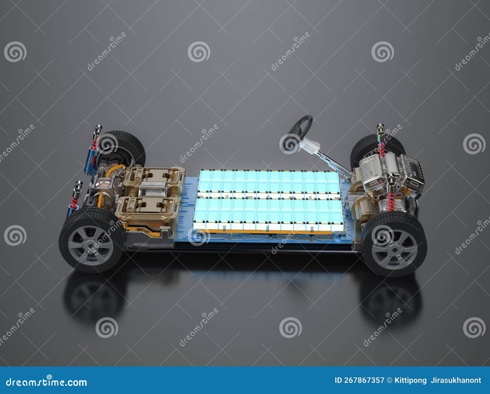 Electric Car with Pack of Battery Cells Module on Platform Stock ...