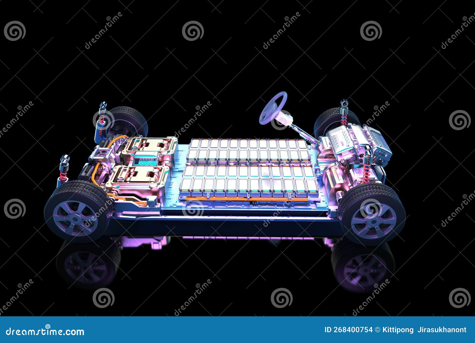 Electric Car with Pack of Battery Cells Module on Platform Stock ...