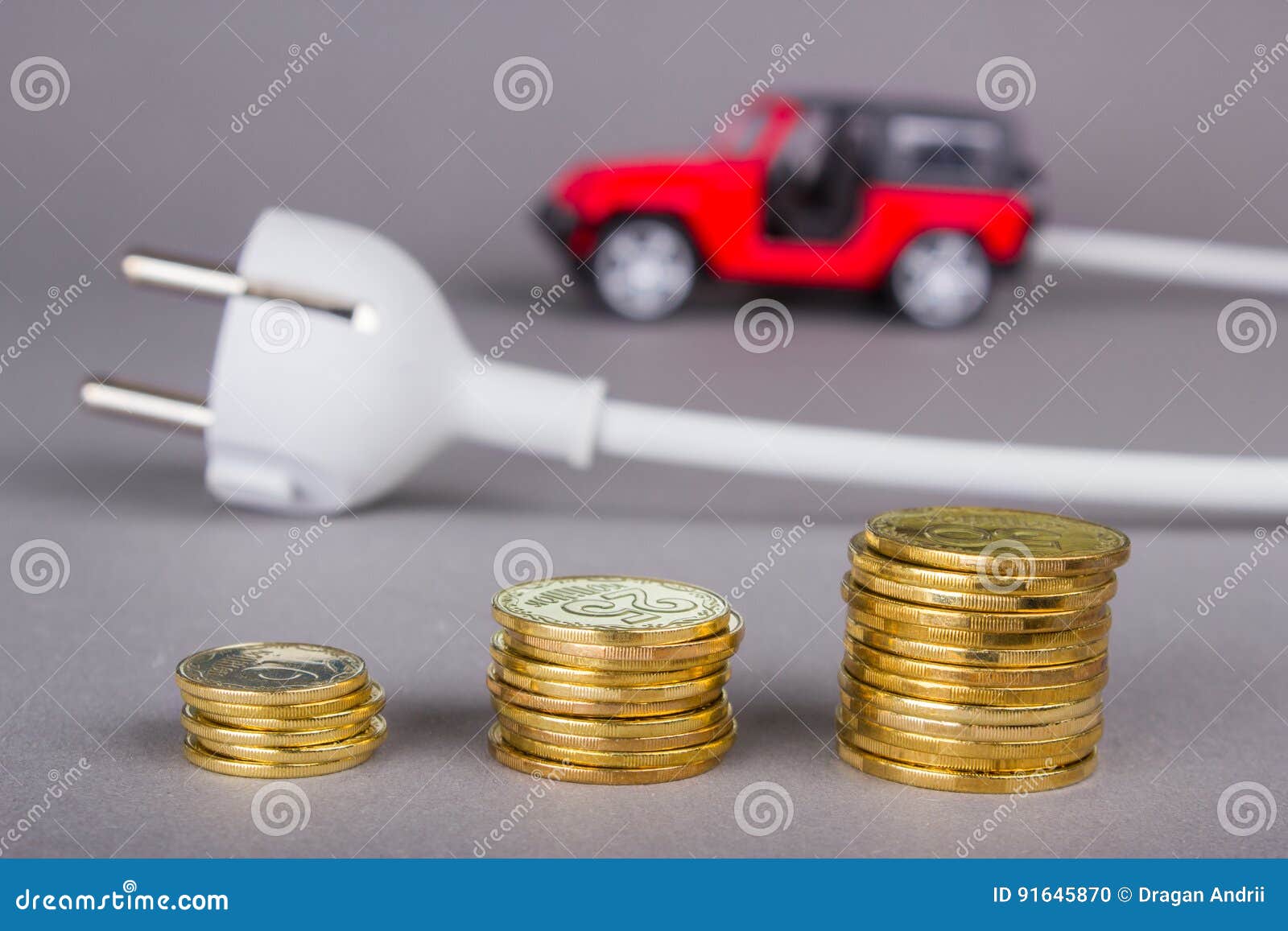 Electric Car with Plug from the Outlet. a Stack of Coins, Savings Stock ...