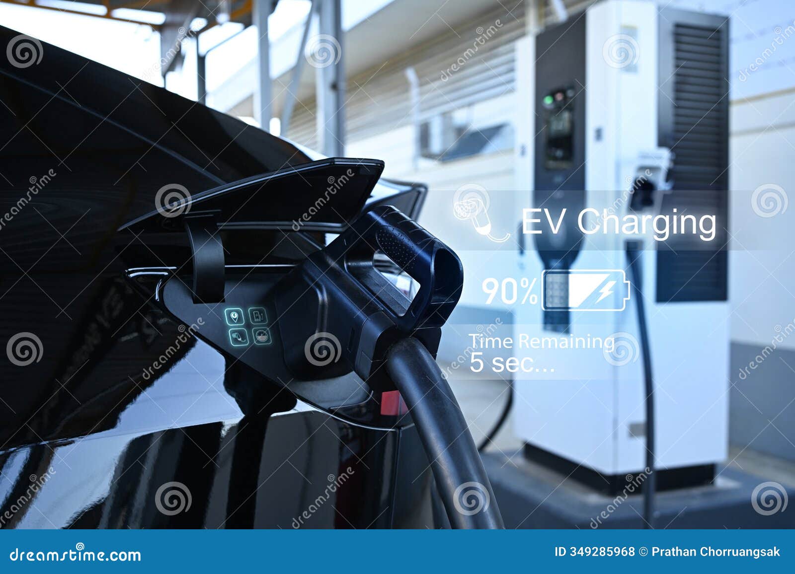 An Electric Car Plugged into a Charging Station, Displaying Digital ...