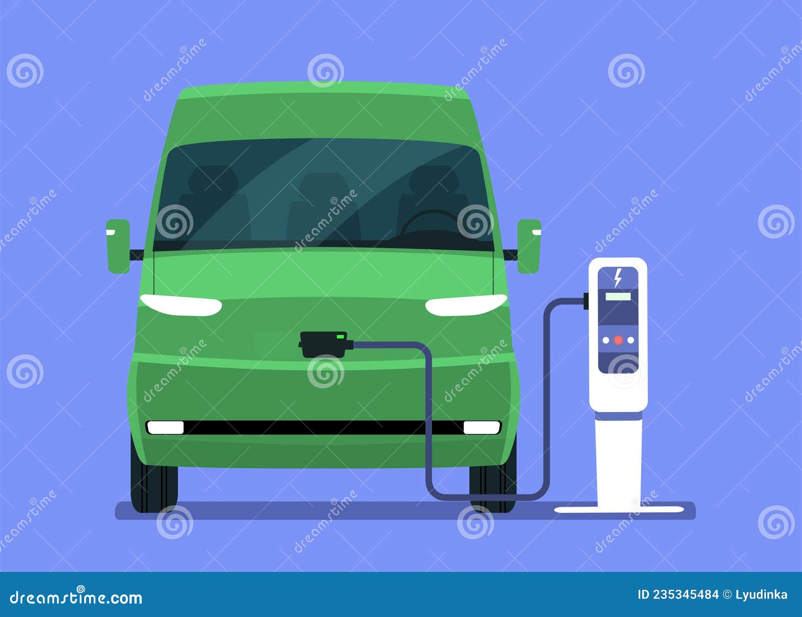Electric Cargo Van Charging from a Charging Station, Front View. Vector ...