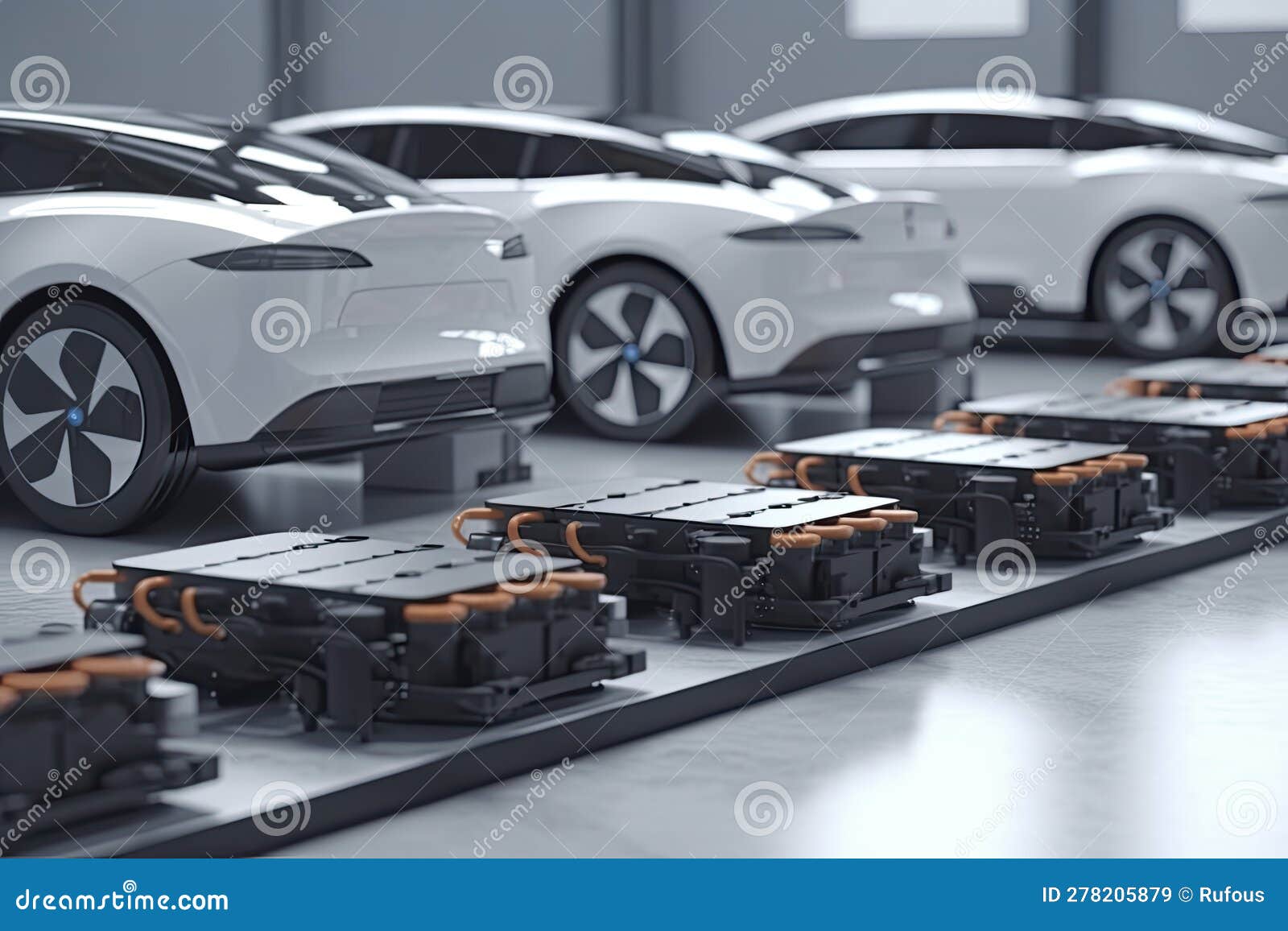 Electric Cars with Pack of Battery Cells Module on Platform in a Row ...