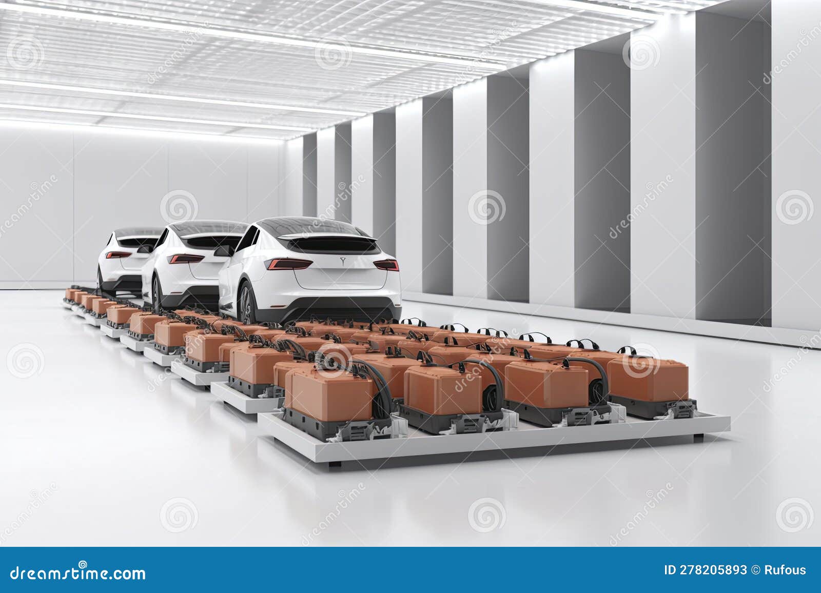 Electric Cars with Pack of Battery Cells Module on Platform in a Row ...