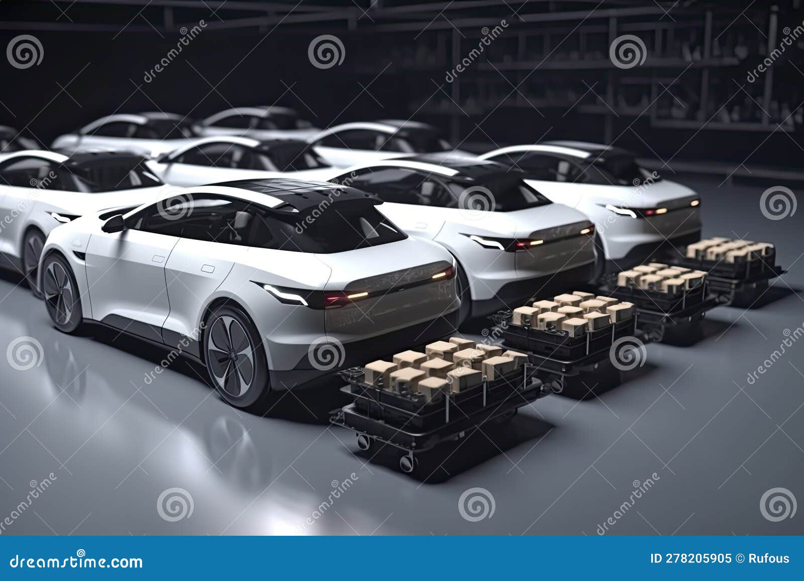 Electric Cars with Pack of Battery Cells Module on Platform in a Row ...