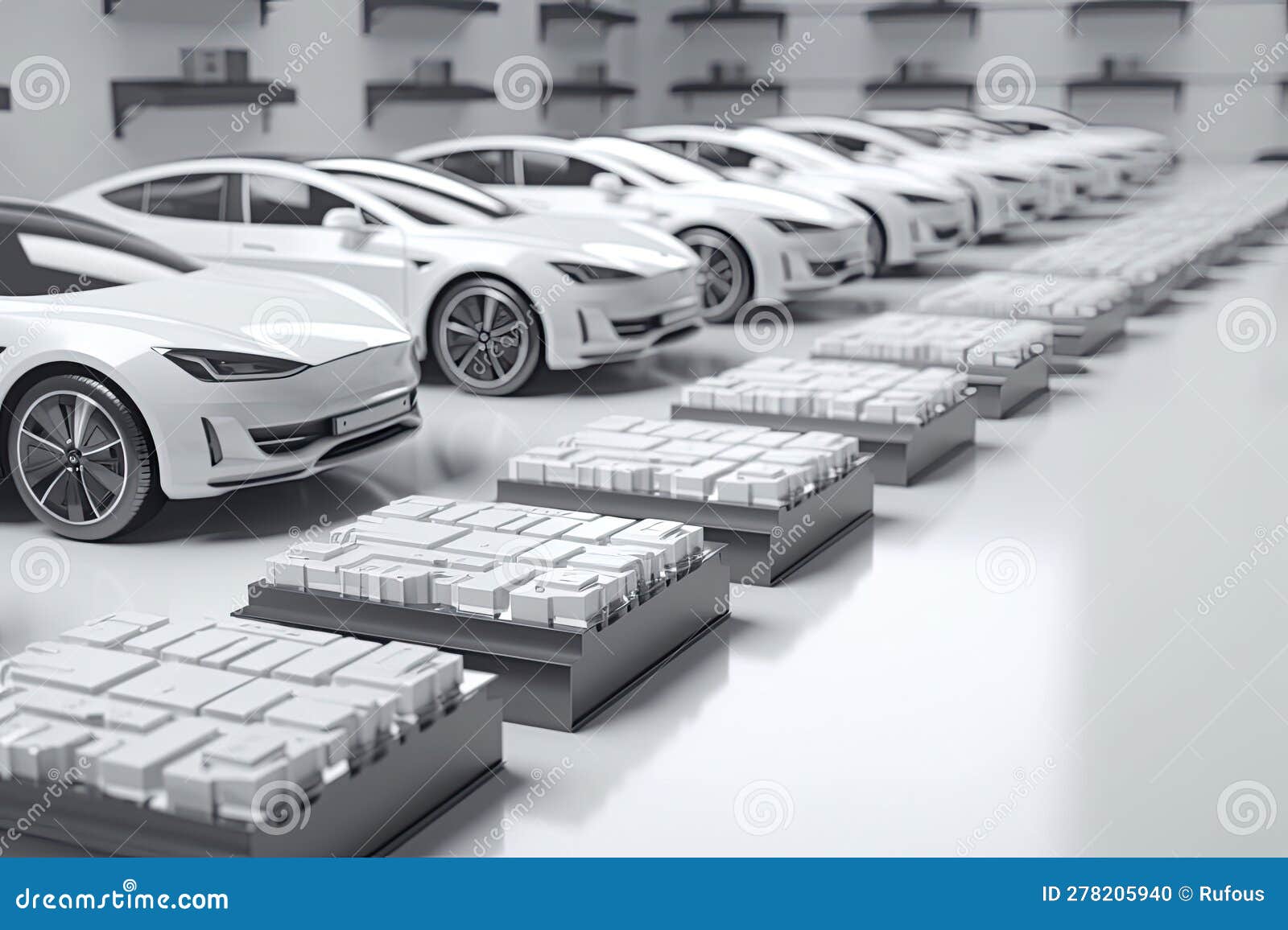 Electric Cars with Pack of Battery Cells Module on Platform in a Row ...