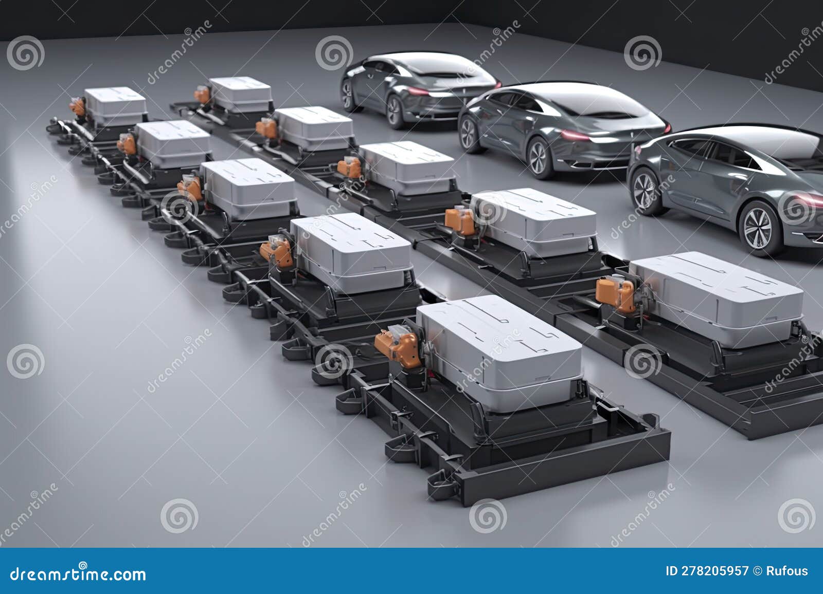 Electric Cars with Pack of Battery Cells Module on Platform in a Row ...
