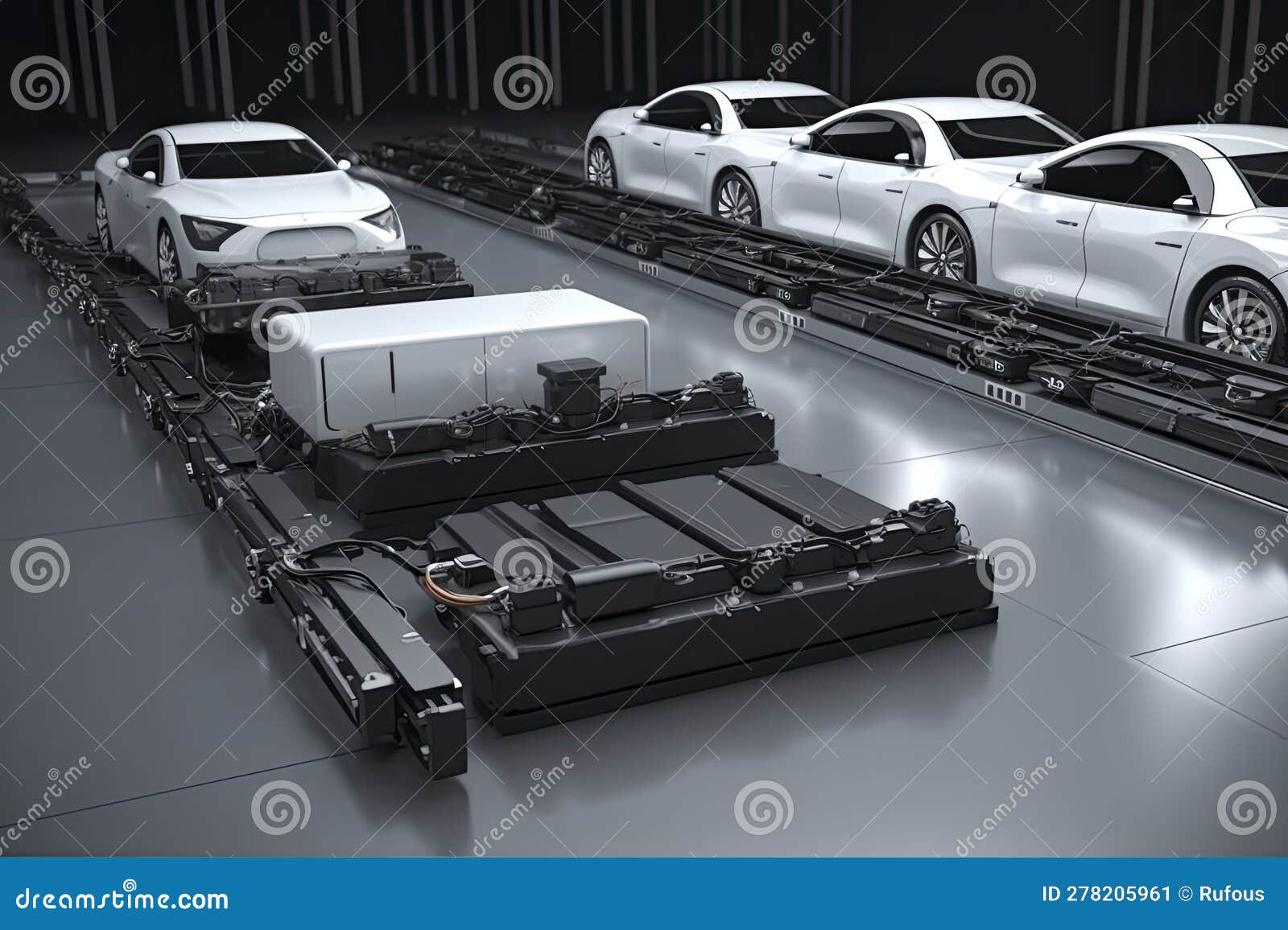 Electric Cars with Pack of Battery Cells Module on Platform in a Row ...